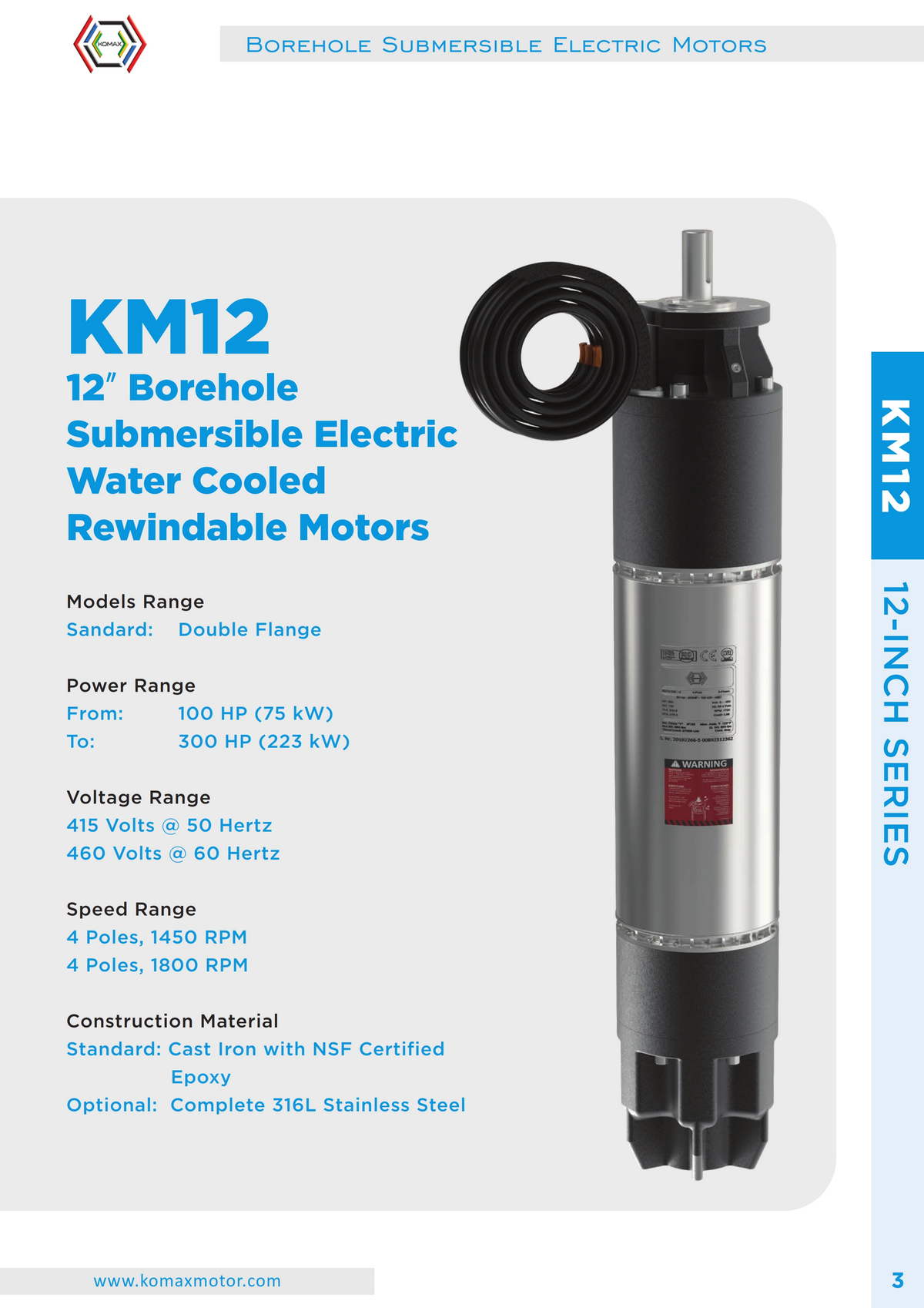 Komax Submersible Electric Motor KM-12 4-Pole 50/60Hz
